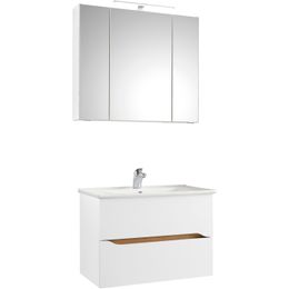 Badmöbel-Set SAPHIR "Quickset 2-teilig, Keramikwaschtisch mit LED-Spiegelschrank", weiß (weiß glanz), Holzwerkstoff, Kastenmöbel-Sets, 80 cm breit, 2 Schubladen, 3 Spiegeltüren, 6 Einlegeböden