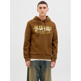 Jack & Jones Kapuzensweatshirt JACK & JONES "JJELOGO SWEAT HOOD 2 COL 25/26 NOOS", Herren, Gr. L, monks robe, angeraute Sweatware, Obermaterial: 70% Baumwolle, 30% Polyester, bedruckt, regular fit normal, Rundhals, Rippbündchen, Sweatshirts, mit stylischem Print