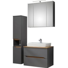 Badmöbel-Set SAPHIR "Quickset 3-teilig, Keramik-Aufsatzbecken mit LED-Spiegelschrank", grau (quarzgrau matt, akzent riviera eiche quer nb), Kastenmöbel-Sets, Midischrank, inkl. Türdämpfer, 2 Schubladen, 5 Türen, 8 Einlegeböden