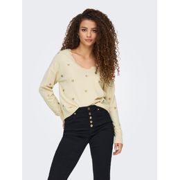 Strickpullover Only "ONLTIBA LS HEART V-NECK CS KNT", Damen, Gr. XS (34), beige (birch pattern:light gold embroidery), Strick, Obermaterial: 50% Viskose, 30% Polyester, 20% Nylon, gemustert, regular fit, V-Ausschnitt, Pullover