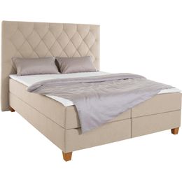 Boxspringbett Home Affaire "Harmones hoch", beige, B:183cm L:210cm, Struktur (100% Polyester), Komplettbetten, Boxspringbett, in 3 Breiten, H&auml;rtegrad auch im Mix mit je 1 Matratze in H2 und H3