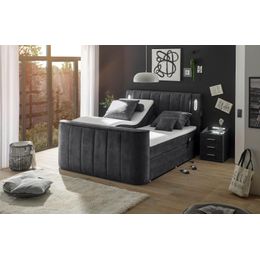 Boxspringbett ED EXCITING DESIGN "Dallas", grau (anthrazit, salvador 15 anthrazit), B:186cm L:244cm, 100% Polyester, Komplettbetten, Boxspringbett, inkl. Topper, LED-Beleuchtung, motorisierter TV Halterung und Motor