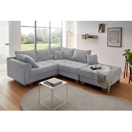 Ecksofa Home Affaire "Rice L-Form, B: 216 cm", grau, B:216cm H:42cm T:185cm, 100%Polyester, Sofas, Ecksofa, Set: Sofa & Hocker, mit 3 Zierkissen, Federkern