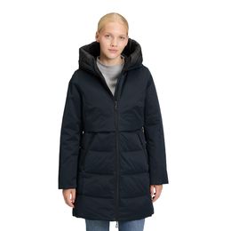 AMBER & JUNE Winterjacke AMBER & JUNE "Damen Wintermantel mit Kapuze", Damen, Gr. 36, blau (dunkelblau), Obermaterial: 100% Polyester. Besatz: 100% Polyamid. Futter: 100% Polyamid. Füllung: 100% Polyester. Ärmelfutter: 100% Polyester., tailliert, Jacken