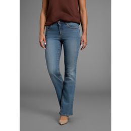 Bootcut-Jeans Arizona "Bund mit seitlichem Gummizugeinsatz", Damen, Gr. 34, N-Gr, blau (blau used), Jeans, Obermaterial: 98% Baumwolle, 2% Elasthan, Basic, bootcut fit lang, Jeans, hohe Leibhöhe, Bootcut, mit Stretch, klassischer 5-Pocket-Style, Topseller