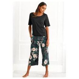 Capri-Pyjama s.Oliver, Damen, Gr. 48/50, bunt (schwarz, dunkelgrün, gemustert), Single Jersey, Obermaterial: 50% Baumwolle, 50% Viskose, geblümt, loose fit 3/4-Länge, Rundhals, Raglanärmel, Homewear-Sets, mit geblümter 3/4-Culotte
