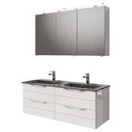 Badmöbel-Set SAPHIR "Serie 6025 2-teilig Mineralmarmor-Waschtisch mit LED-Spiegelschrank", weiß (weiß hochglanz select), B:132cm H:200cm T:48cm, Spanplatte, Kastenmöbel-Sets, Waschplatz 132cm breit, 4 Schubladen, 2 Spiegel-Türen, inkl Türdämpfer