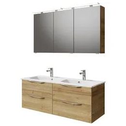 Badmöbel-Set SAPHIR "Serie 6025 2-teilig Mineralmarmor-Waschtisch mit LED-Spiegelschrank", braun (riviera eiche quer nb), B:132cm H:200cm T:48cm, Spanplatte, Kastenmöbel-Sets, Waschplatz 132cm breit, 4 Schubladen, 2 Spiegel-Türen, inkl Türdämpfer