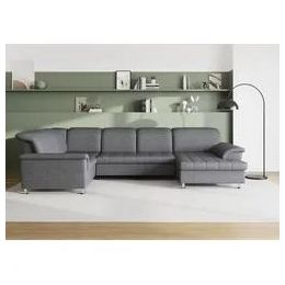 Wohnlandschaft DOMO collection "Franzi optional mit Bettfunktion, Bettkasten & Kopfteilverstellung", grau (weiß, grau), B:352cm H:81cm T:214cm, Flachgewebe (100% Polyester);Chenille (100% Polyester), Sofas, U-Form, Recamiere rechts, weiß-grau, B/T: 352/214 cm, Topseller