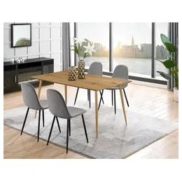 Essgruppe LEONIQUE "Eadwine, TOPSELLER Tisch plus 4 Stühle, Sitzgruppe", grau (hellgrau,), Eichefarbener Esstisch, Sitzmöbel-Sets, bestehend aus Esstisch 160 cm und 4 Esszimmerstühlen, Polsterstühlen