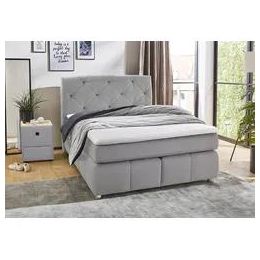 Jockenhöfer Boxspringbett JOCKENHÖFER GRUPPE "Bella erhältlich in 140 & 180cm Breite", grau (hellgrau 485, 29), B:150cm L:226cm, Bettgestell und seitliche Einfassung der Matratzen: Mikrofaser, Samtähnlich (100% Polyester);Topper: 100% Polyurethan, Bezug (100% Polyester) abnehmbar und waschbar bis 60o C;Spiegelfläche der Matratze: 100% Polyester, Komplettbetten, Boxspringbett, mit Kaltschaum-Topper und Rauchgl