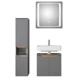 Badmöbel-Set SAPHIR "Quickset 3-teilig, Waschbeckenunterschrank mit LED-Spiegel", grau (quarzgrau matt touch, quarzgrau matt, akzent riviera eiche quer nb), Kastenmöbel-Sets, mit Midischrank, inkl. Türdämpfer, 4 Türen, 1 Nische, Bad-Set