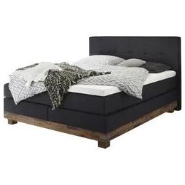 Boxspringbett Hasena "Boston", braun (anthrazit, akazie grau), B:148cm L:210cm, Komplettbetten, Boxspringbett, Massivholz-Sockel, Punktsteppung im Kopfteil, Federkernmatratze