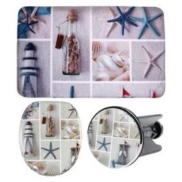 Badaccessoire-Set Sanilo "Meeresbrise", blau (blau, natur), Kunststoff, MDF, Polyester, Badaccessoires-Sets, bestehend aus WC-Sitz, Badteppich und Waschbeckenstöpsel