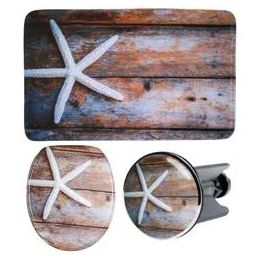 Badaccessoire-Set Sanilo "Bahia", braun (braun, grau), MDF, Polyester, Polyresin (Kunststein), Badaccessoires-Sets, bestehend aus WC-Sitz, Badteppich und Waschbeckenstöpsel