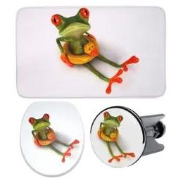 Badaccessoire-Set Sanilo "Froggy", grün (weiß, grün), Kunststoff, MDF, Polyester, Badaccessoires-Sets, bestehend aus WC-Sitz, Badteppich und Waschbeckenstöpsel