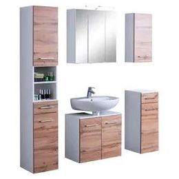 Badmöbel-Set Welltime "Avignon", weiß (eichefarben, weiß), B:120cm H:200cm T:35cm, Holzwerkstoff, Kastenmöbel-Sets, mit 3D-Spiegelschrank mit LED-Aufsatzleuchte