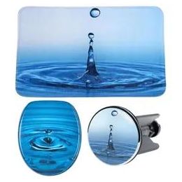 Badaccessoire-Set Sanilo "Wassertropfen", blau, Kunststoff, MDF, Polyester, Badaccessoires-Sets, bestehend aus WC-Sitz, Badteppich und Waschbeckenstöpsel