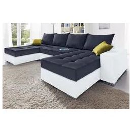Wohnlandschaft Collection AB "Josy XL U-Form, B: 313 cm in Flachgewebe, Struktur, Kunstleder", schwarz-weiß (weiß, schwarz), B:313cm H:84cm T:161cm, Kunstleder SOFTLUX/100% Polyester, Sofas, mit Bettfunktion, Bettkasten & 2 Zierkissen, Federkern