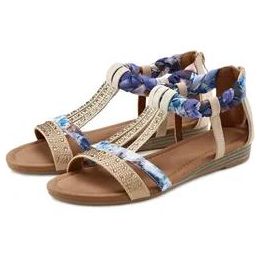 Sandale Lascana "Sommerschuh, Sandalette", Damen, Gr. 37, blau (beige, blau), Obermaterial: 50% Lederimitat, 50% Textilmaterial. Futter: 100% Lederimitat. Decksohle: 100% Lederimitat. Laufsohle: 100% Synthetik, bedruckt, Modisch, Schuhe Sandalette, mit Verzierung und kleinem Keilabsatz im Festival-Look VEGAN