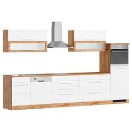 Küchenzeile KOCHSTATION "KS-Wien", küche: weiß, front: weiß, korpus: wotaneichefarben, arbeitsplatte: wotaneichefarben, B:350cm H:200cm T:60cm, Komplettküchen-Sets, Breite 350 cm, wahlweise mit E-Geräten
