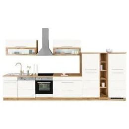 Küchenzeile KOCHSTATION "KS-Wien", weiß (küche: weiß, front: weiß, korpus: wotaneichefarben, arbeitsplatte: wotaneichefarben), B:420 T:60, Komplettküchen-Sets, Küchenzeile, Breite 420 cm, wahlweise mit E-Geräten