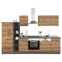 Küchenzeile KOCHSTATION "KS-Samos", braun (küche: natur, front: wotaneiche, korpus: grafitgrau, arbeitsplatte: anthrazit), B:310cm H:200cm T:60cm, Komplettküchen-Sets, Küchenzeile, Breite 310 cm, wahlweise mit E-Geräten, mit Arbeitsplatte