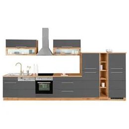 Küchenzeile KOCHSTATION "KS-Wien", grau (küche: grau, front: anthrazit, korpus: wotaneichefarben, arbeitsplatte: wotaneichefarben), B:420cm T:60cm, Komplettküchen-Sets, Küchenzeile, Breite 420 cm, wahlweise mit E-Geräten