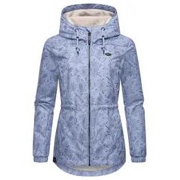 Outdoorjacke Ragwear "Dankka Spring", Damen, Gr. L (40), blau, Außenmaterial: 100% Polyester, Innenfutter: 100% Polyester, tailliert hüftbedeckend, hoch geschlossener Ausschnitt, Ärmel ohne Ärmelschlitz elastischer Bund mit innenliegendem Gummizug, Jacken, Wasserdichte Damen Jacke mit floralem Allover-Print