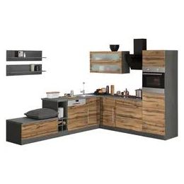 Winkelküche KOCHSTATION "KS-Samos", braun (küche: natur, front: wotaneiche, korpus: grafitgrau, arbeitsplatte: anthrazit), B:300cm H:200cm T:60cm, Komplettküchen-Sets, Küchenzeile, Stellbreite 300x250 cm, wahlweise mit E-Geräten und Induktionskochfeld