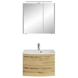 Badmöbel-Set SAPHIR "Serie 7045 2-teilig Mineralmarmor-Waschtisch mit LED-Spiegelschrank", braun (halifax eiche quer nachbildung), B:73,2cm H:200cm T:49,8cm, Spanplatte, Kastenmöbel-Sets, Badezimmer-Set 73,2 cm breit, inkl. Türdämpfer, 2 Türen, 2 Schubladen
