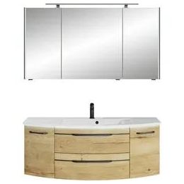 Badmöbel-Set SAPHIR "Serie 7045 2-teilig Mineralmarmor-Waschtisch mit LED-Spiegelschrank", braun (halifax eiche quer nachbildung), B:133,2cm H:200cm T:49,8cm, Spanplatte, Kastenmöbel-Sets, Badezimmer-Set 133,2 cm breit, inkl. Türdämpfer, 5 Türen, 2 Schubladen