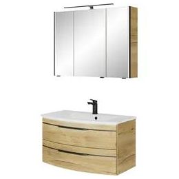 Badmöbel-Set SAPHIR "Serie 7045 2-teilig Mineralmarmor-Waschtisch mit LED-Spiegelschrank", braun (halifax eiche quer nachbildung), B:93,2cm H:200cm T:50,1cm, Spanplatte, Kastenmöbel-Sets, Badezimmer-Set 93,2 cm breit, inkl. Türdämpfer, 3 Türen, 2 Schubladen