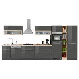 Küchenzeile KOCHSTATION "KS-Wien", grau (küche: grau, front: grau hochglanz, korpus: grafit, arbeitsplatte: eichefarben), B:440cm T:60cm, Komplettküchen-Sets, Küchenzeile, Breite 440 cm, wahlweise mit E-Geräten und Induktion