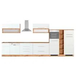 Küchenzeile KOCHSTATION "KS-Wien", küche: weiß, front: weiß, korpus: wotaneichefarben, arbeitsplatte: wotaneichefarben, B:440cm H:200cm T:60cm, Komplettküchen-Sets, Breite 440 cm, wahlweise mit E-Geräten