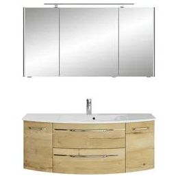 Badmöbel-Set SAPHIR "Serie 7045 2-teilig Mineralmarmor-Waschtisch mit LED-Spiegelschrank", braun (halifax eiche quer nachbildung), B:133,2cm H:200cm T:49,8cm, Spanplatte, Kastenmöbel-Sets, Badezimmer-Set 133,2 cm breit, inkl. Türdämpfer, 5 Türen, 2 Schubladen