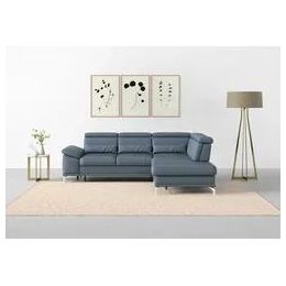 Sit & More Ecksofa SIT & MORE "Cabrio L-Form, B: 274 cm, mit Sitztiefen-, Arm- & Kopfteilverstellung", blau (graublau), B:274cm H:87cm T:230cm, Sofas, 3 Nierenkissen, Federkern, optional Bettfunktion und Stauraum