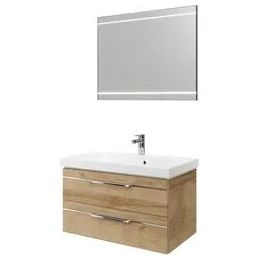 Badmöbel-Set SAPHIR "Balto 2-teilig Mineralmarmor-Waschtisch mit LED-Spiegel, Waschplatz", braun (riviera eiche quer nachbildung mit chromeinlage), B:92cm H:200cm T:50,8cm, Spanplatte, Kastenmöbel-Sets, 92 cm breit, mit 2 Schubladen, Badschrank inkl. Schubladendämpfer