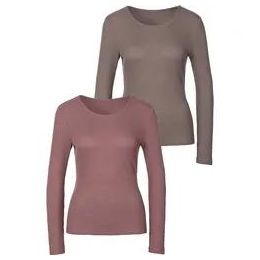 Langarmshirt Lascana "in modischer Piqué-Optik", Damen, Gr. 44/46, rosa (mauve, taupe), Piqué, Obermaterial: 69% Polyester (REPREVE), 28% Viskose, 3% Elasthan, unifarben, Basic, Basic schmal, Rundhals, Shirts, aus weicher Qualität mit Viskose