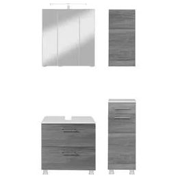 Badmöbel-Set Welltime "Trento, Badezimmer-Set, Waschbeckenunterschrank, Hängeschrank", silber (eiche rauchsilber), B:90cm H:200cm T:35cm, Holzwerkstoff, MDF, Kastenmöbel-Sets, Unterschrank, Waschbeckenunterschrank, Spiegelschrank, Aufbauleuchte