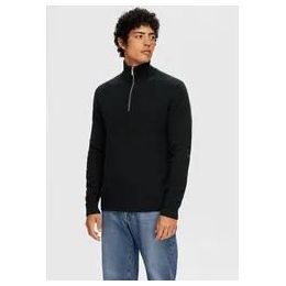 Troyer Selected HOMME "SLHDANE LS KNIT STRUCTURE HALF ZIP NOOS", Herren, Gr. M, schwarz, Strick, Obermaterial: 100% Baumwolle, unifarben, regular fit, Rippbündchen, Pullover