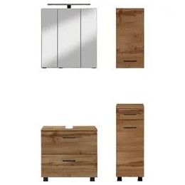 Badmöbel-Set Welltime "Trento, Badezimmer-Set, Waschbeckenunterschrank, Hängeschrank", braun (wotaneiche, wotaneiche), B:90cm H:200cm T:35cm, Holzwerkstoff, MDF, Kastenmöbel-Sets, Unterschrank, Waschbeckenunterschrank, Spiegelschrank, Aufbauleuchte