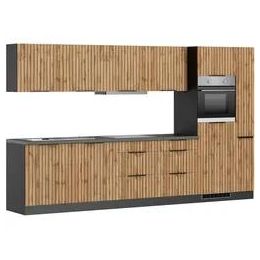 Küchenzeile KOCHSTATION "KS-Lagos, wahlweise mit E-Geräten, Spüle edelstahl oder schwarz", beige (küche: natur, front: listrado eiche, korpus: grafitgrau, arbeitsplatte: betongrau), B:330cm H:200cm T:60cm, Komplettküchen-Sets, Küchenzeile, Breite 330cm, Ceran-oder Induktionskochfeld,mit oder ohne Kühlschrank