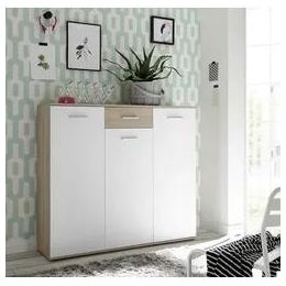 HBZ-MEBLE Schuhschrank HBZ "Manolo weiß matt, BxHxT 135x118x35 cm", weiß (eiche sonoma, weiß), B:135cm H:118cm T:35cm, Holzwerkstoff, Schränke, Schuhkommode mit 3 Türen, 1 Schubkasten, 11 Einlegeböden