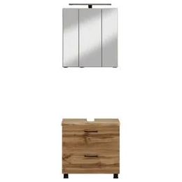 Badmöbel-Set Welltime ""Trento", Badezimmer-Set, Waschbeckenunterschrank, Spiegelschrank", braun (wotaneiche, wotaneiche, baumkante), B:60cm H:200cm T:35cm, Holzwerkstoff, MDF, Kastenmöbel-Sets, inkl. LED Aufbauleuchtung Schalter/Steckdose, Möbel Made in Germany