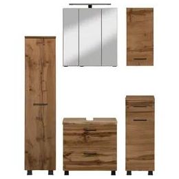 Badmöbel-Set Welltime ""Trento", Badezimmer-Set, Hängeschrank, Unterschrank, Midischrank", braun (wotaneiche, wotaneiche, baumkante), B:120cm H:200cm T:35cm, Holzwerkstoff, MDF, Kastenmöbel-Sets, Waschbeckenunterschrank, Spiegelschrank inkl. Aufbauleuchte
