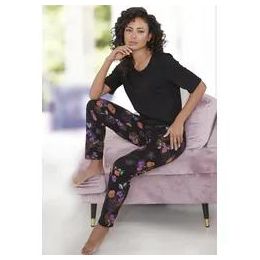 Pyjama Vivance DREAMS, Damen, Gr. 32/34, schwarz (schwarz geblümt), Single Jersey, Obermaterial: 50% Baumwolle, 50% Viskose, geblümt, Basic, bequem lang, Rundhals, abgesteppt, Homewear-Sets, mit Blumen-Druck