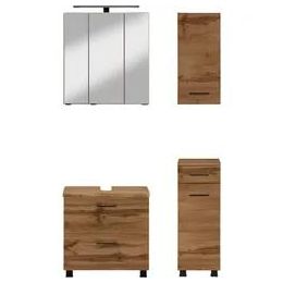 Badmöbel-Set Welltime "Trento, Badezimmer-Set, Waschbeckenunterschrank, Hängeschrank", braun (wotaneiche, wotaneiche, baumkante), B:90cm H:200cm T:35cm, Holzwerkstoff, MDF, Kastenmöbel-Sets, Unterschrank, Waschbeckenunterschrank, Spiegelschrank, Aufbauleuchte