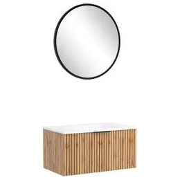 Badmöbel-Set Welltime "Welltime, Carlton Waschtisch-Set, 80 oder 120 cm, gestreift", schwarz (wotnaeiche, schwarz), Set 1: 2tlg. Waschtisch-Set 80cm: Spiegel 60cm und Waschtischmit weißem Auflagebecken, Spanplatte, Kastenmöbel-Sets
