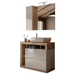 Badmöbel-Set Welltime "Hamburg, Badezimmerset 2tlg. Breite 92 cm, Badmöbel, Waschtisch inkl.", braun (weiß, eiche cadiz nb), B:92cm H:190cm T:49cm, Kastenmöbel-Sets, Waschbecken, Spiegelschrank mit LED Aufbauleuchte, Soft-Close-Funktion